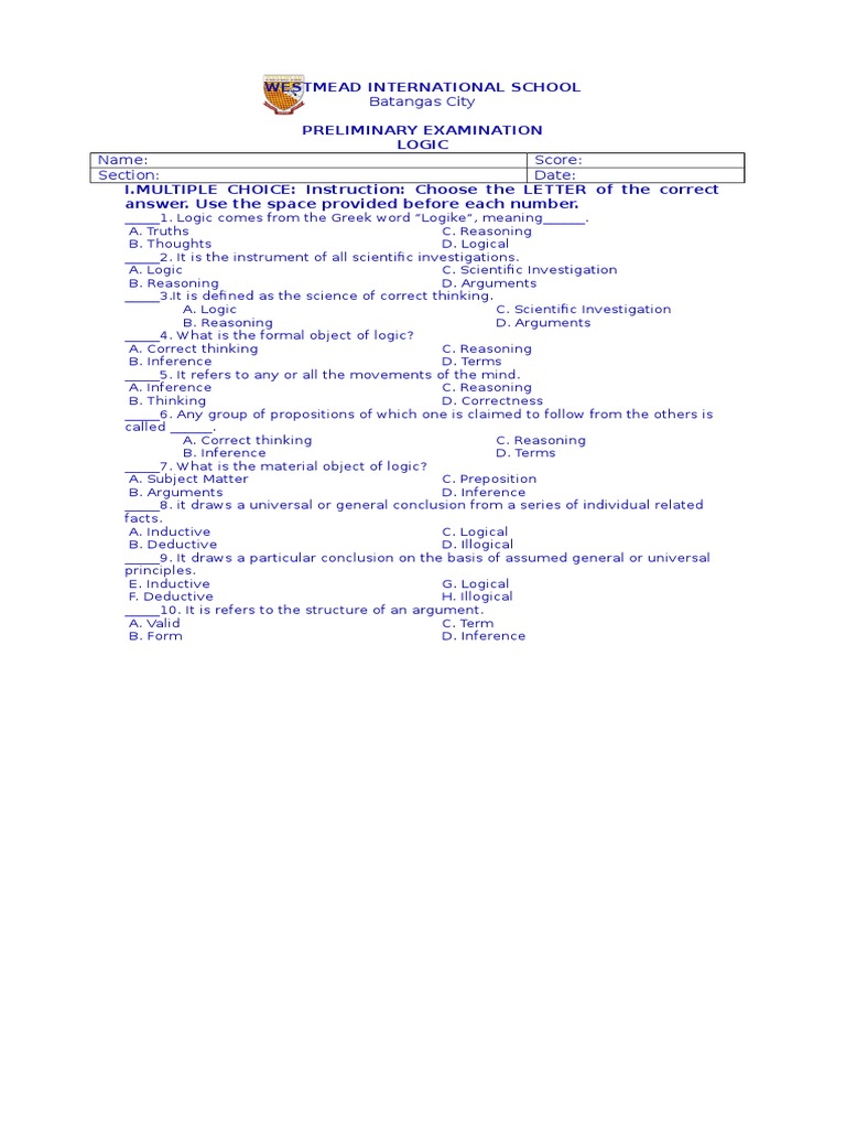 Prelim Exam Logic | PDF | Inference | Logic