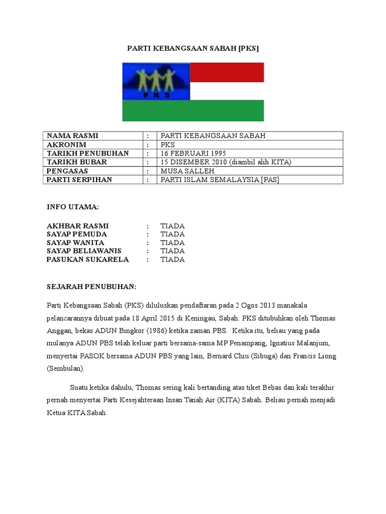 Profil Parti Kebangsaan Sabah (PKS) | PDF