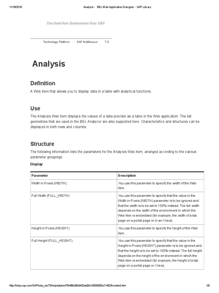 Analysis - BEx Web Application Designer - SAP Library | PDF | Parameter ...