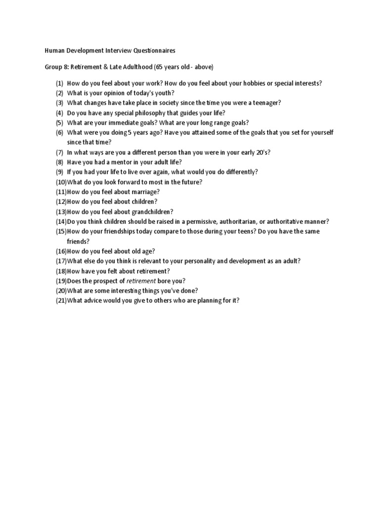 Interview Questionnaire (Retirement & Late Adulthood) | PDF