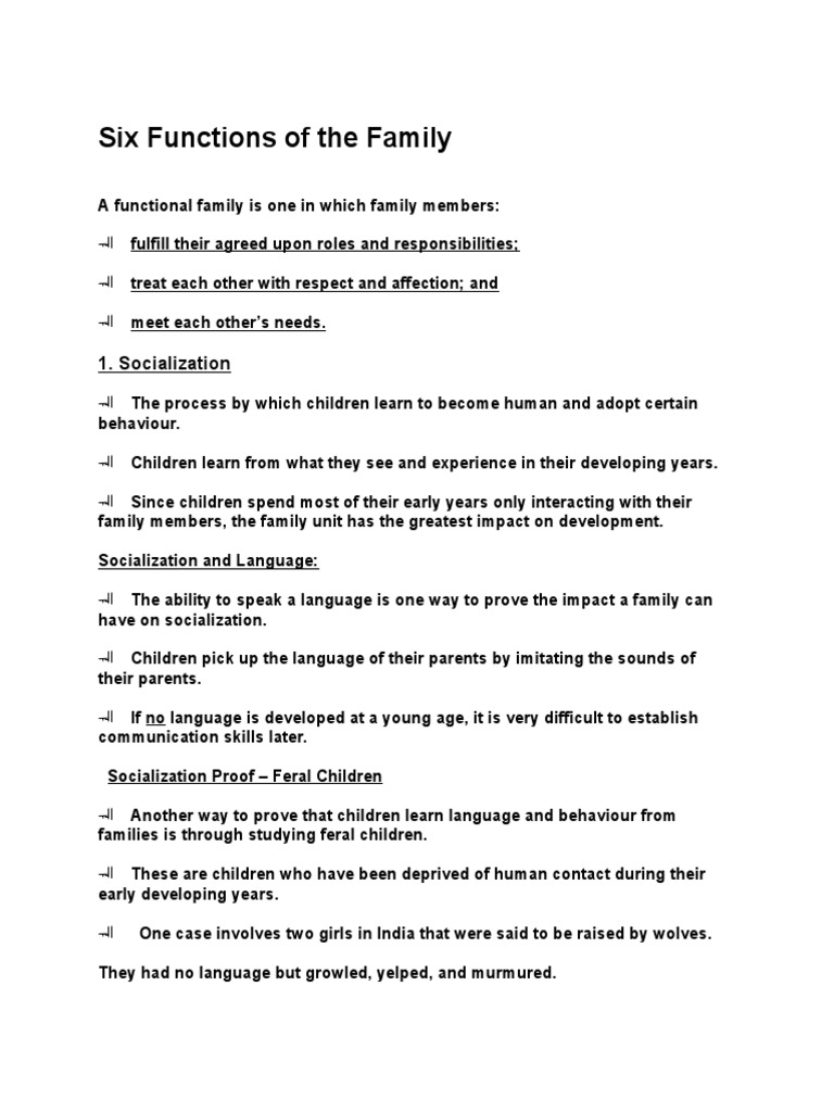 Six Functions of The Family | PDF | Socialization | Family