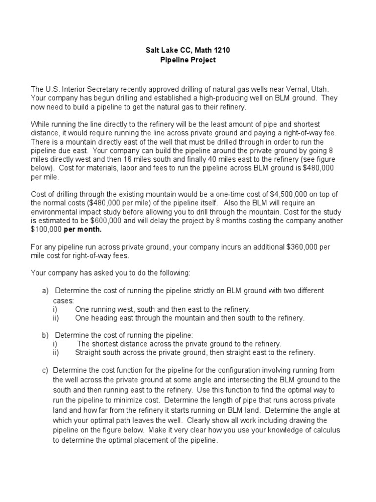 Math 1210 Pipeline Project | PDF | Pipeline Transport | Calculus
