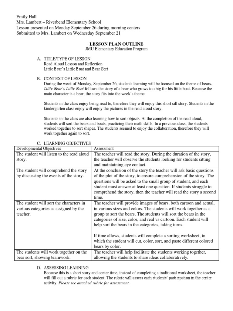 Little Bears Little Boat Read Aloud Lesson Plan | PDF | Reading ...