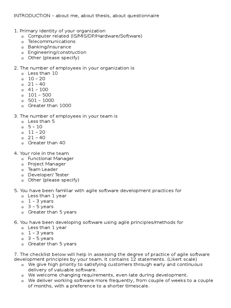 Questionnaire | Agile Software Development | Software Development Process