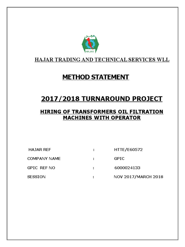 Oil Filtration Method Statement for Transformers During 2017/2018 ...