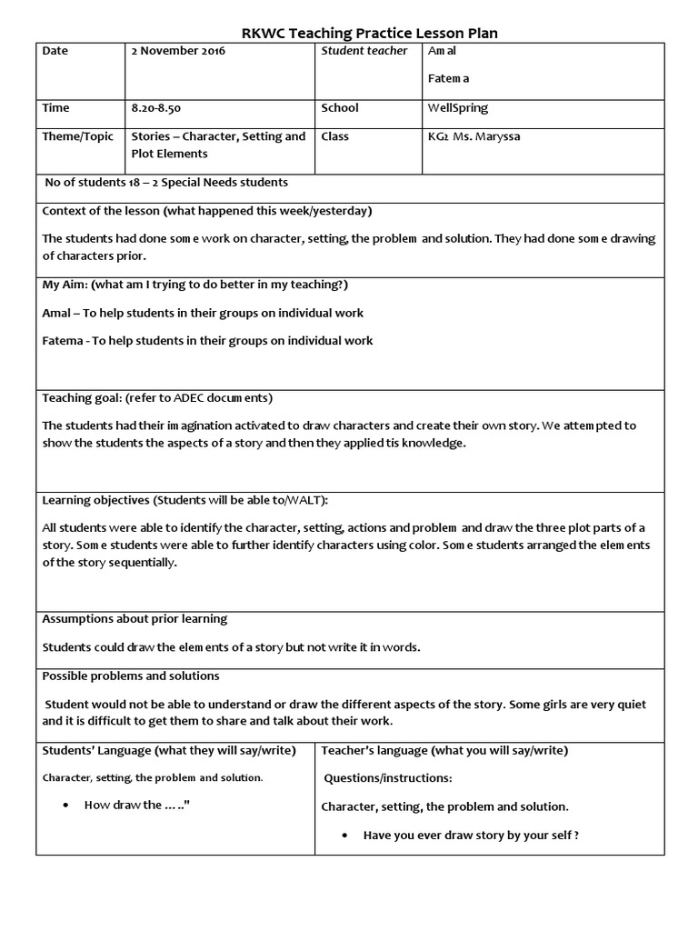 RKWC Teaching Practice Lesson Plan: Student Teacher | PDF