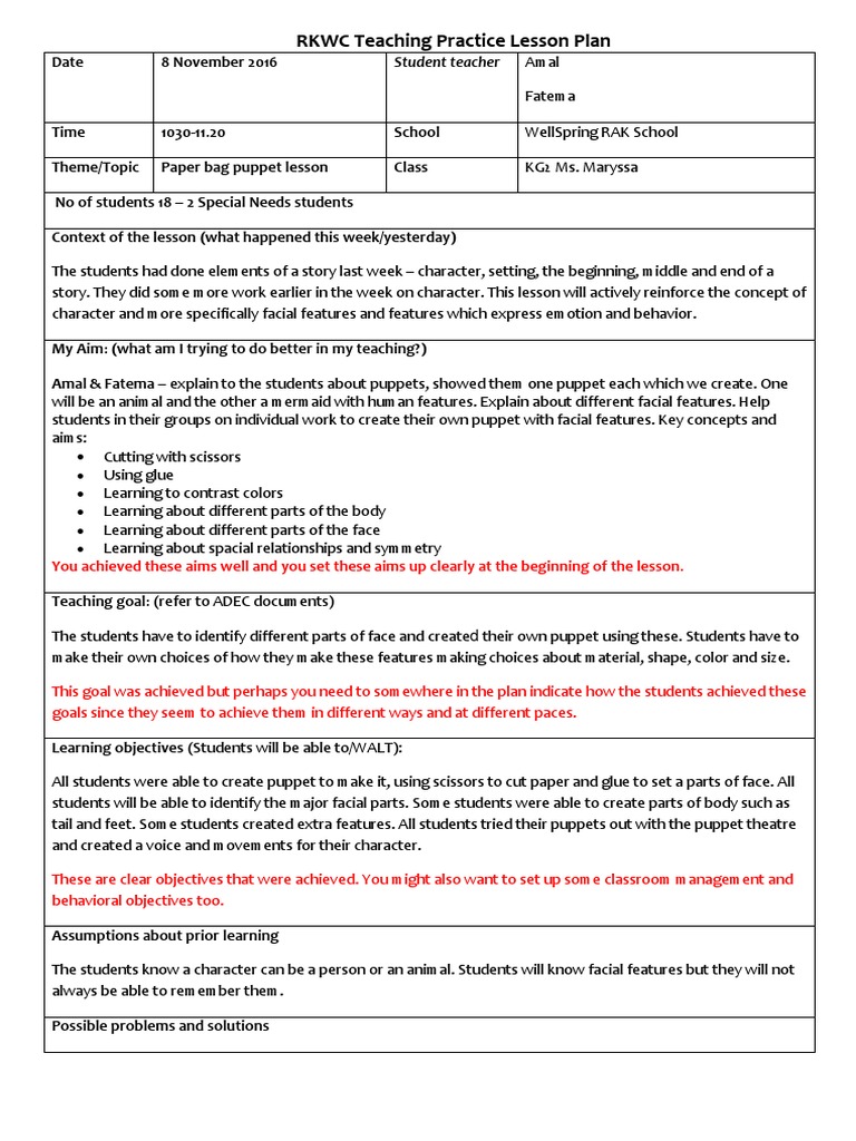 RKWC Teaching Practice Lesson Plan: Student Teacher | PDF | Puppets ...
