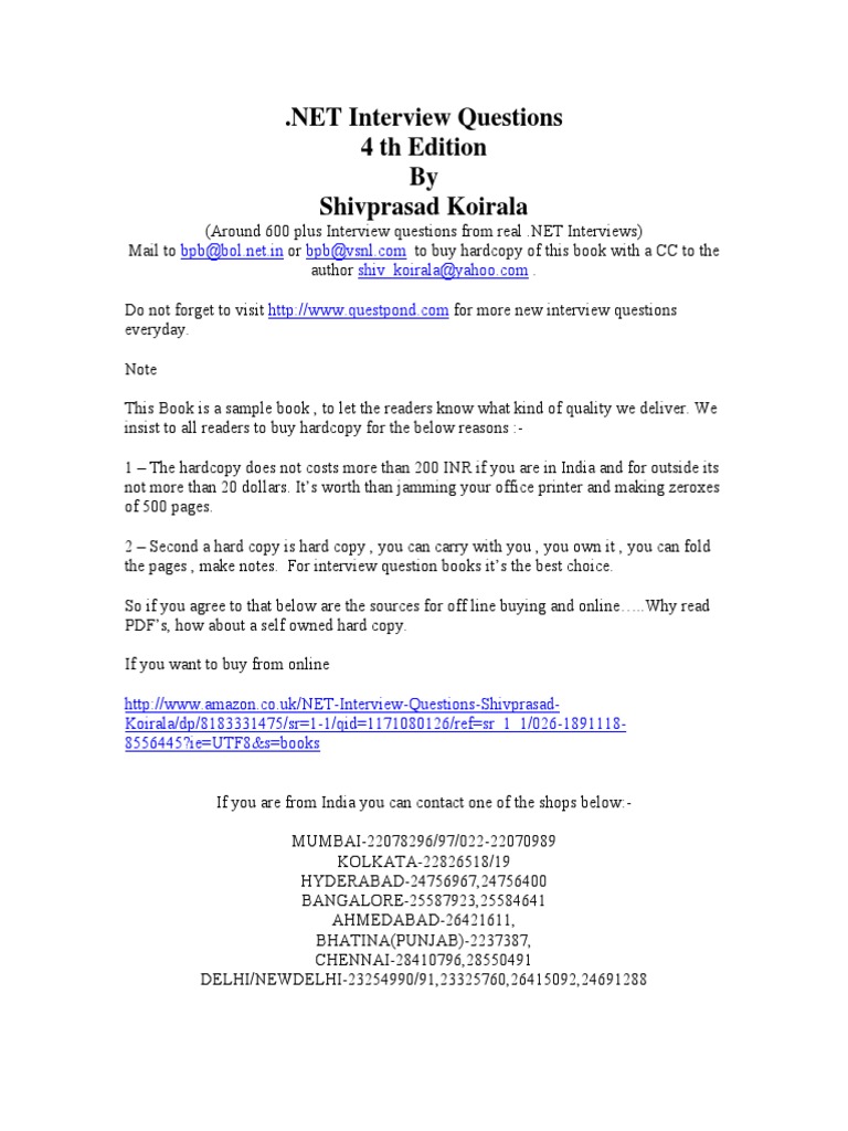 NET Interview Questions 4ed by Shivprasad Koirala 2006 PDF | PDF | Component Object Model ...