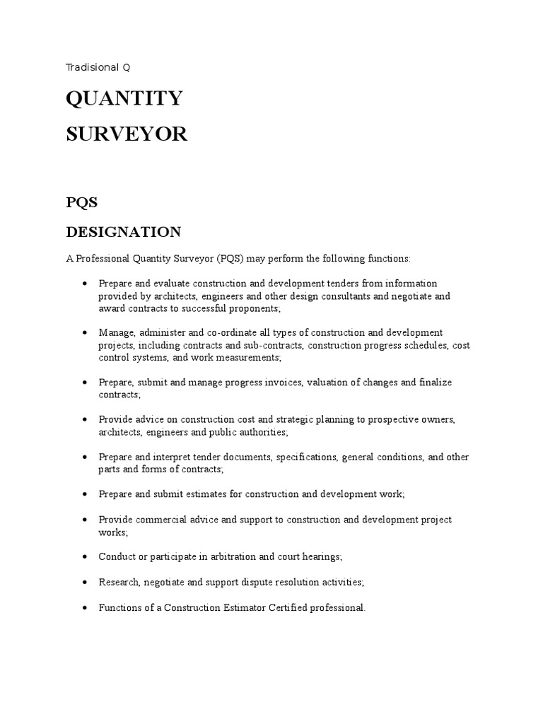Quantity Surveyor: PQS Designation | PDF