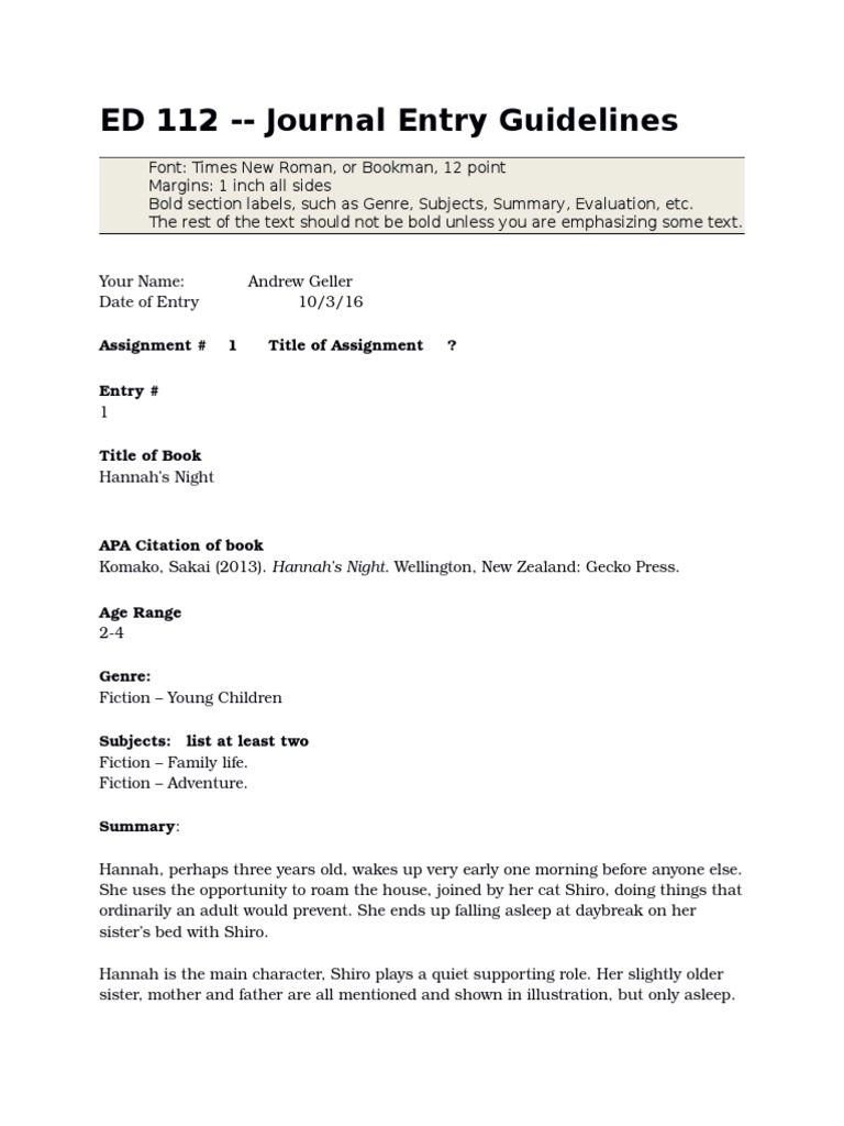 ED 112 - Journal Entry Guidelines: Assignment # 1 Title of Assignment ...