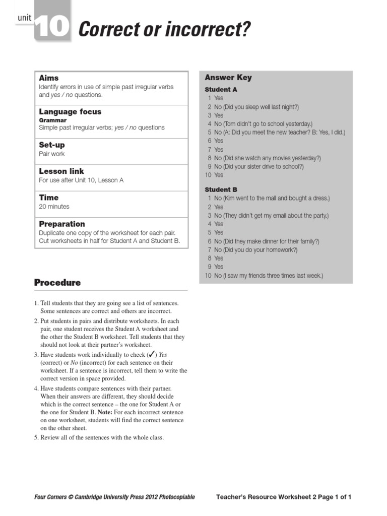 Four Corners 1 Worksheet. Simple Past Irregular Verbs Yes / No ...