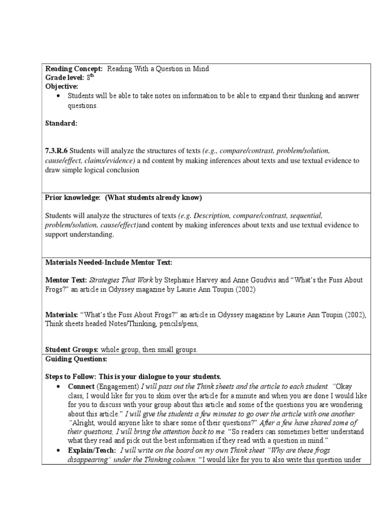 Comprehension Lesson Plan | PDF | Reading Comprehension | Educational ...