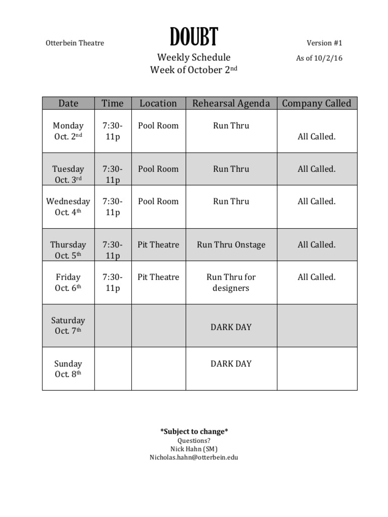 Otterbein Theatre Doubt Rehearsal Schedule | PDF | Social Science | Art