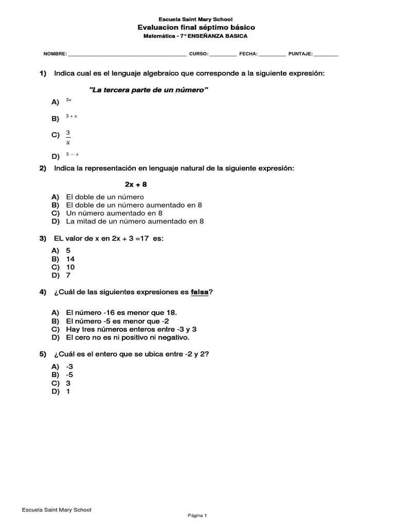 Prueba Matematica Septimo Final | PDF | Entero | Triángulo
