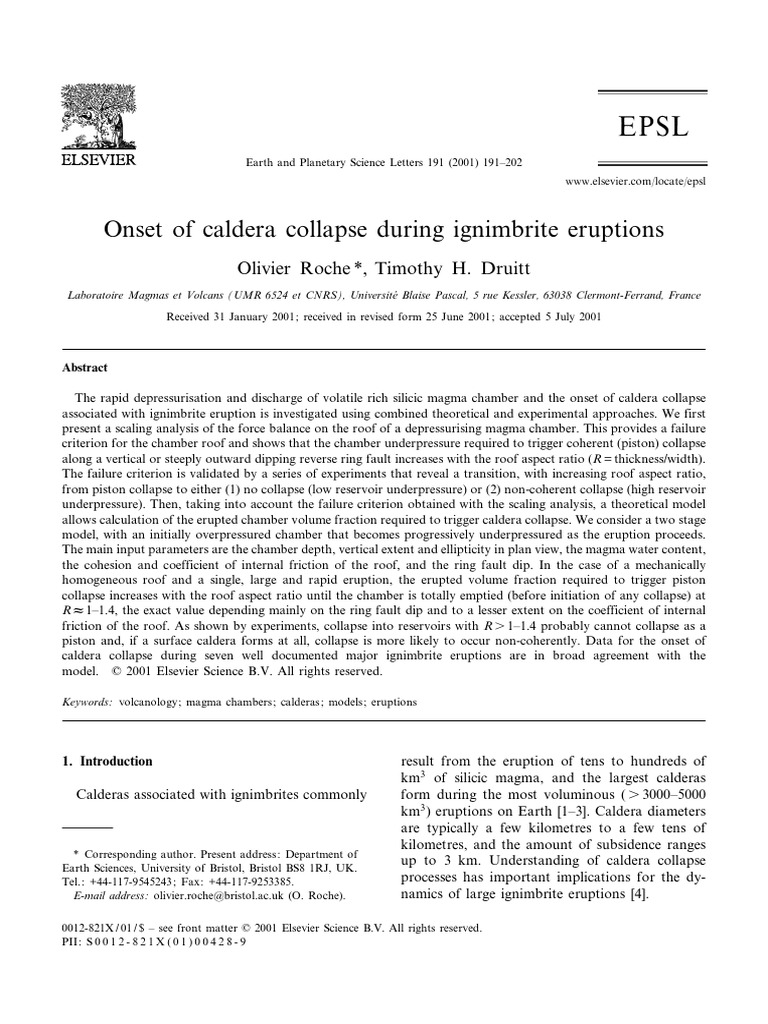 Onset of Caldera Collapse During Ignimbrite Eruptions: Olivier Roche ...