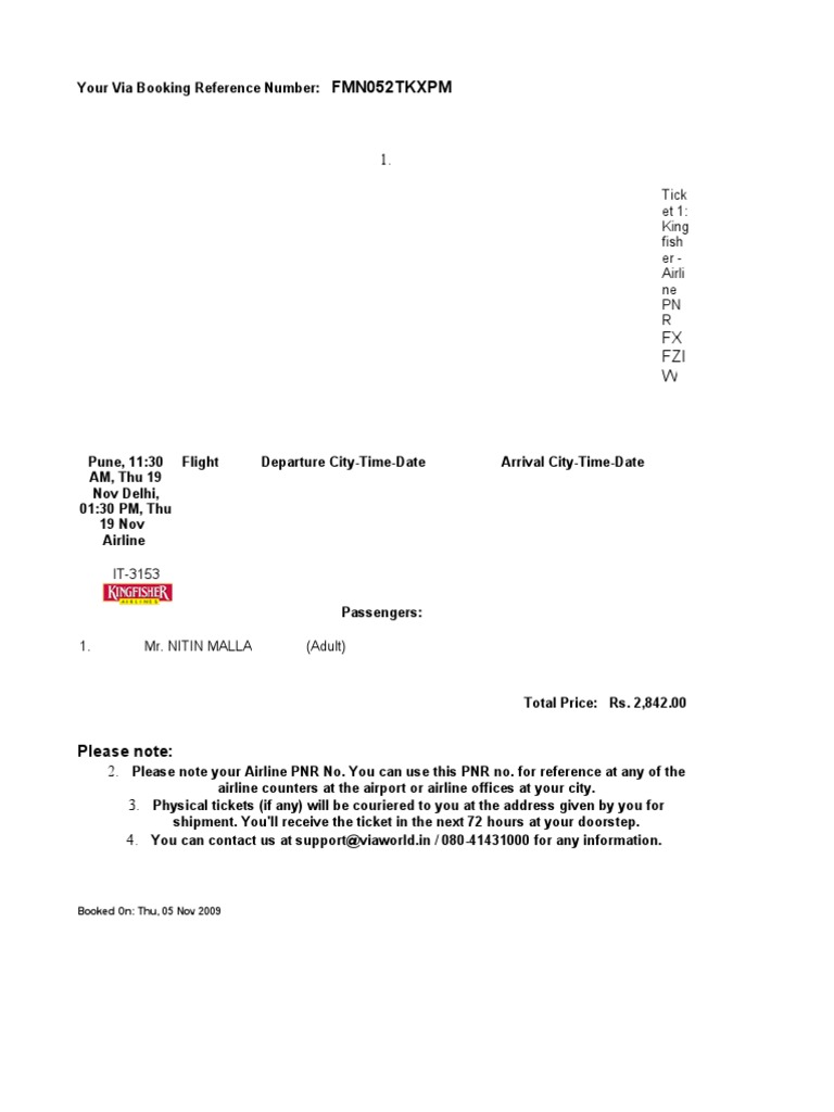 Kingfisher Airlines Ticket for Nitin Malla | PDF
