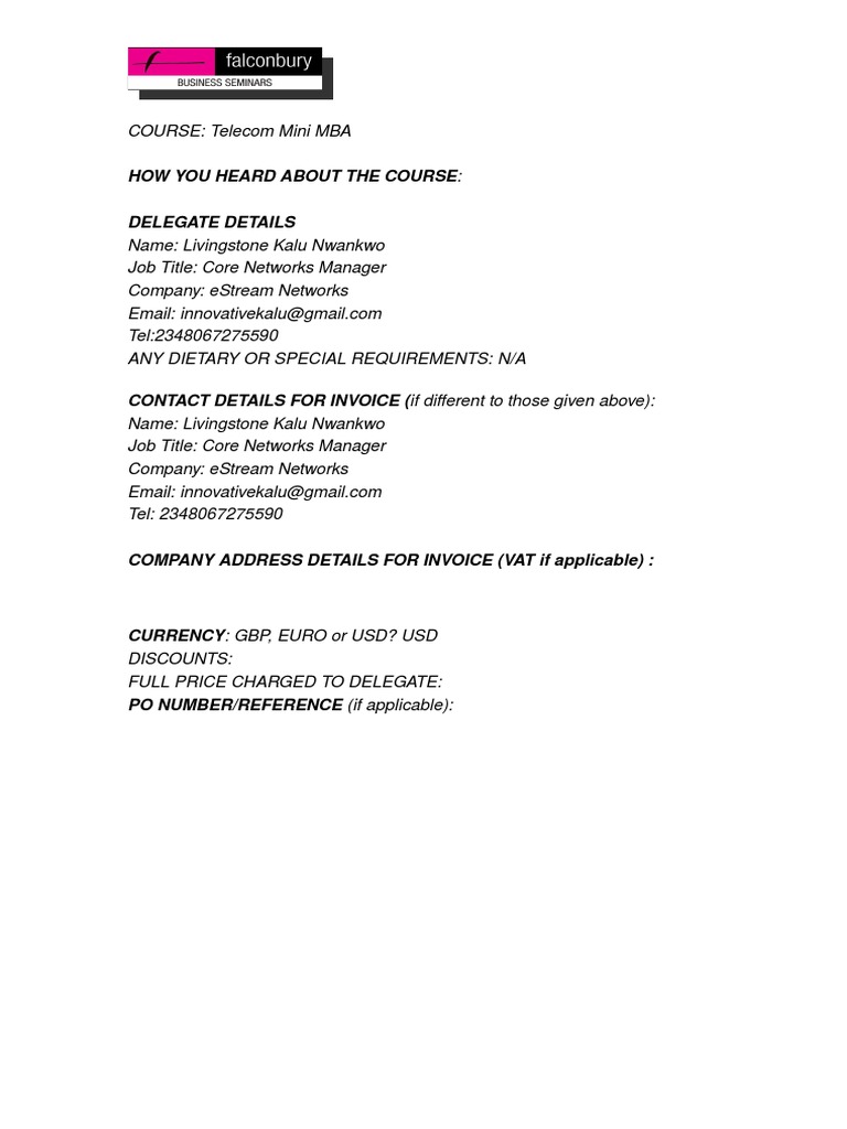 COURSE Booking Template - Docx - Completed | PDF