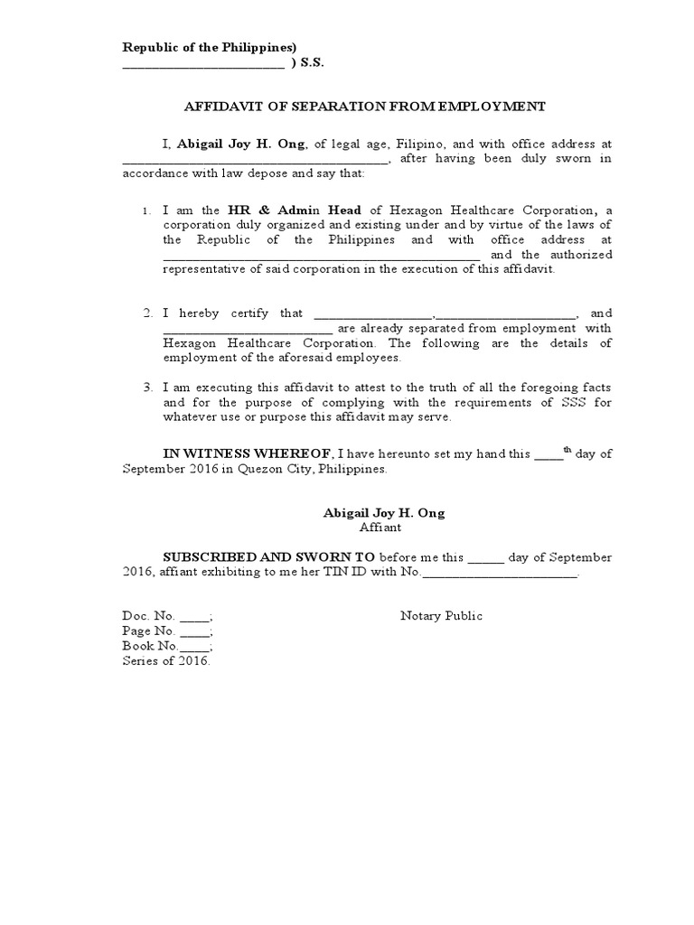 Affidavit of Separation | PDF | Affidavit | Government Information