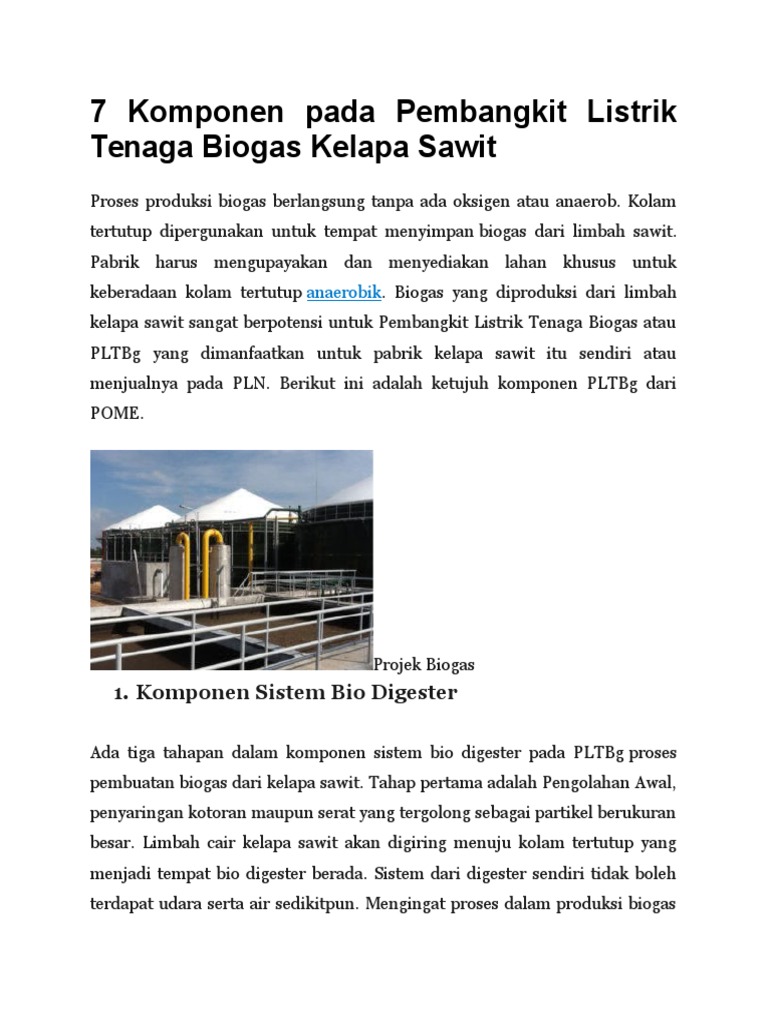 7 Komponen Pada Pembangkit Listrik Tenaga Biogas Kelapa Sawit | PDF