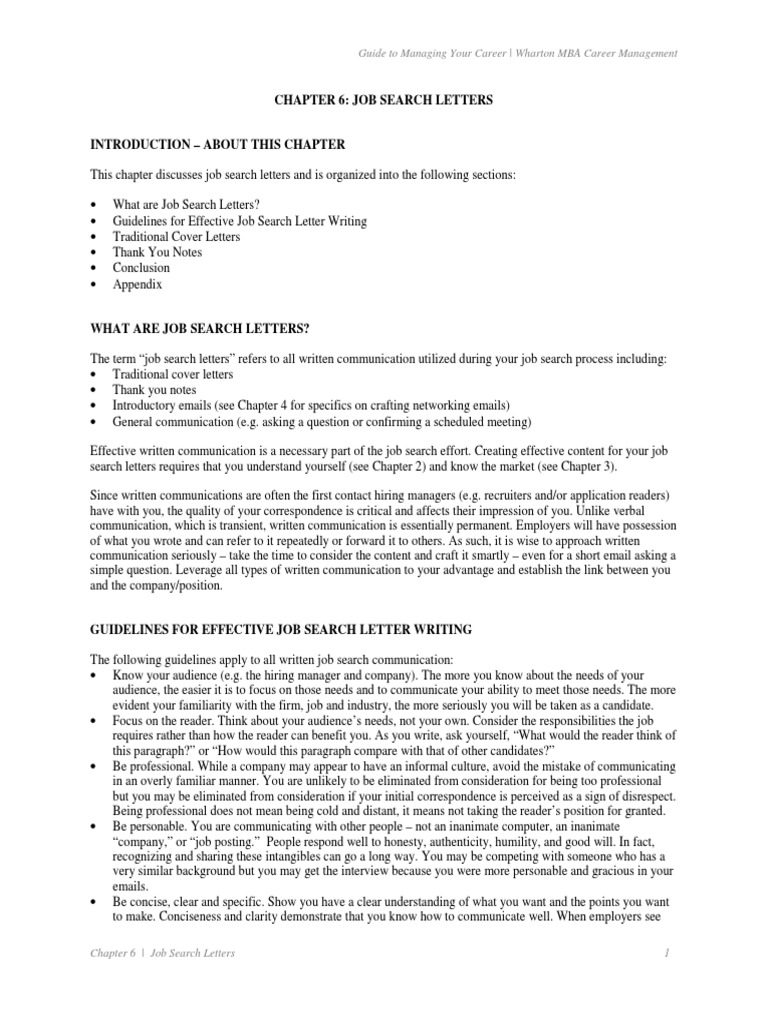 Chapter 6: Job Search Letters: Guide To Managing Your Career - Wharton ...