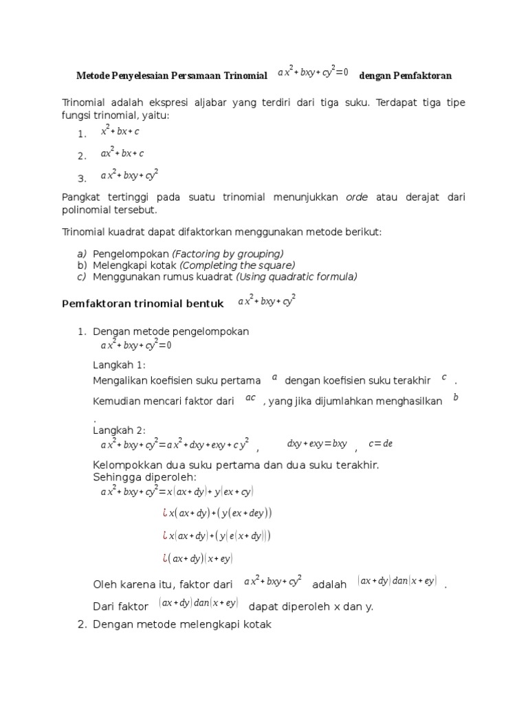 Metode Penyelesaian Persamaan Trinomial | PDF | Metode & Bahan Ajar