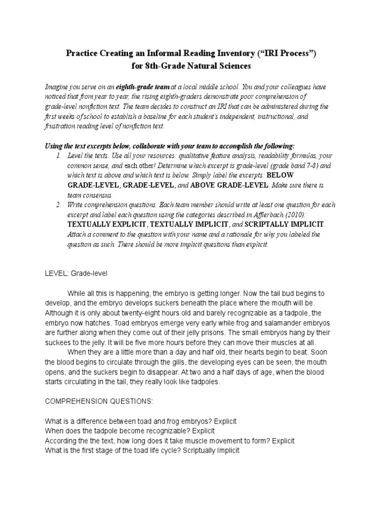 Informal Reading Inventory for 8th Grade | PDF | Amphibian | Frog