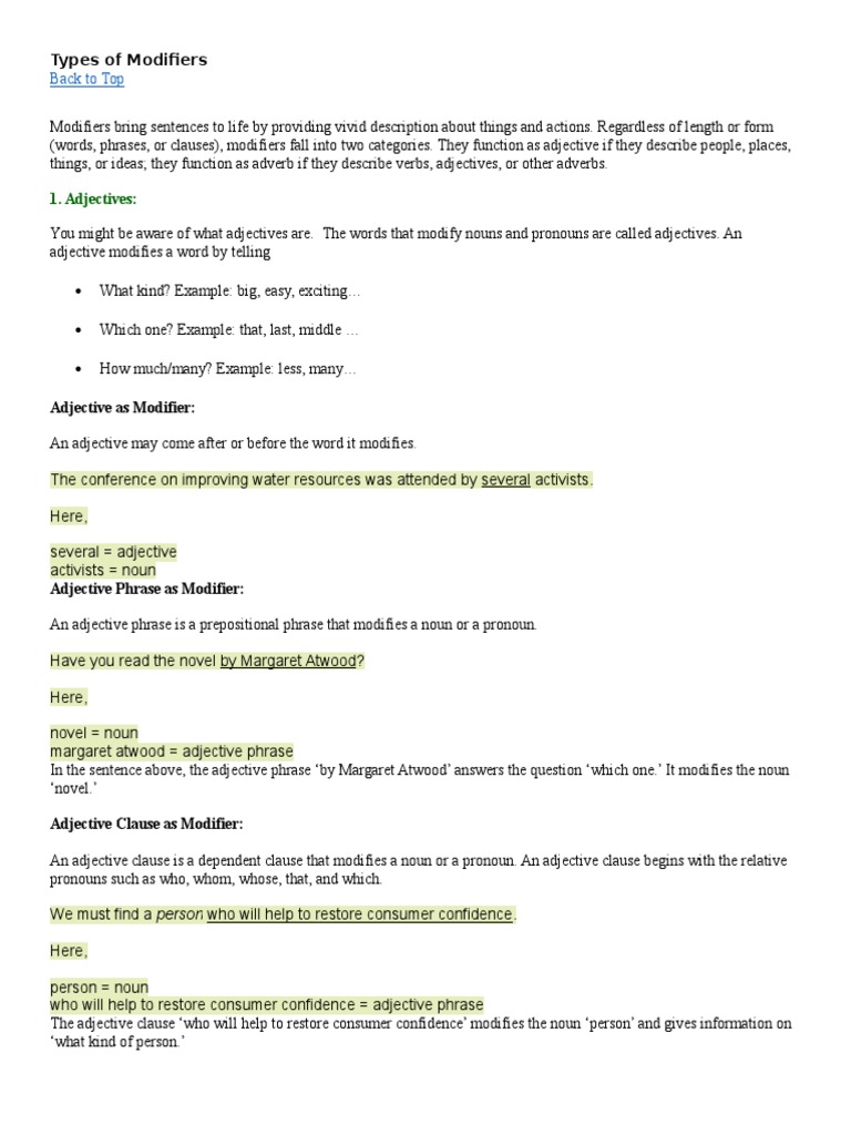 Types of Modifiers | PDF | Adverb | Adjective