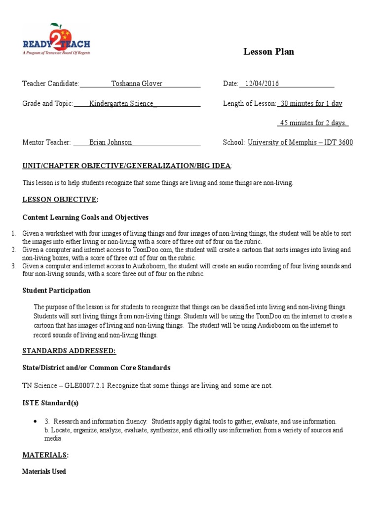 Glover T Second Edtpa Lesson Plan Toshanna Glover | PDF | Lesson Plan ...