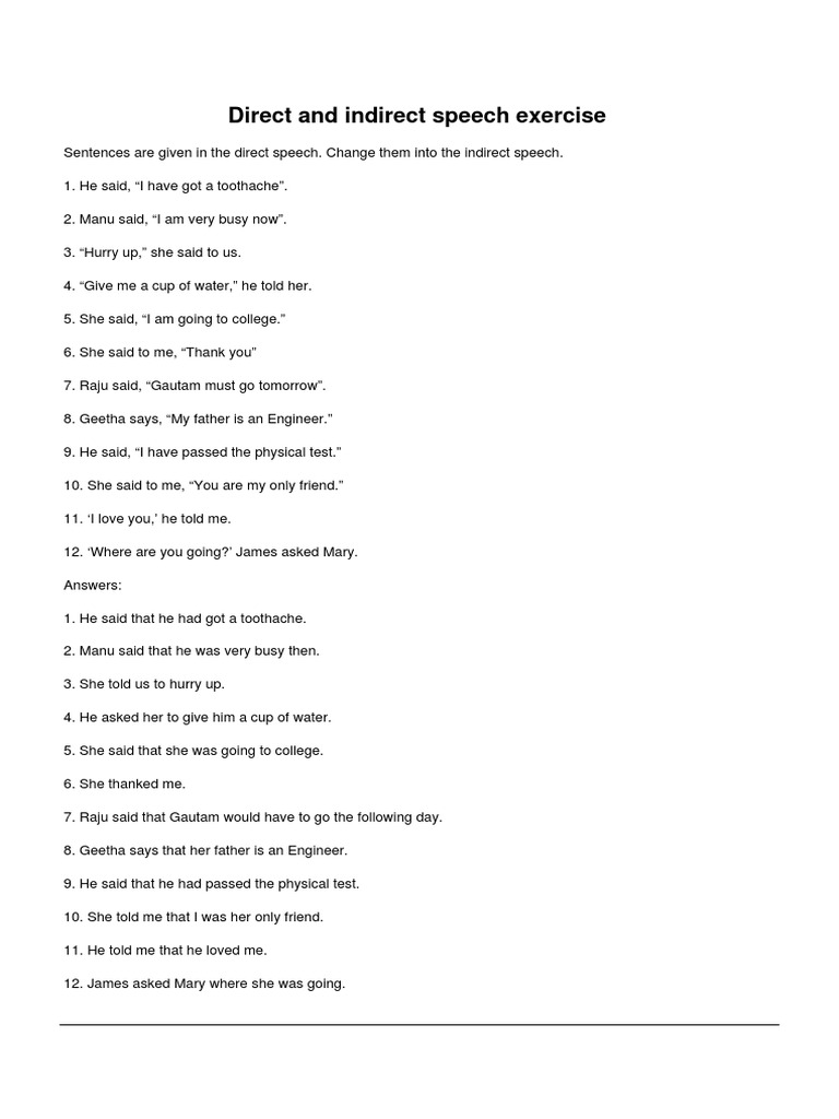 Direct and indirect speech exercise sentences to indirect | PDF