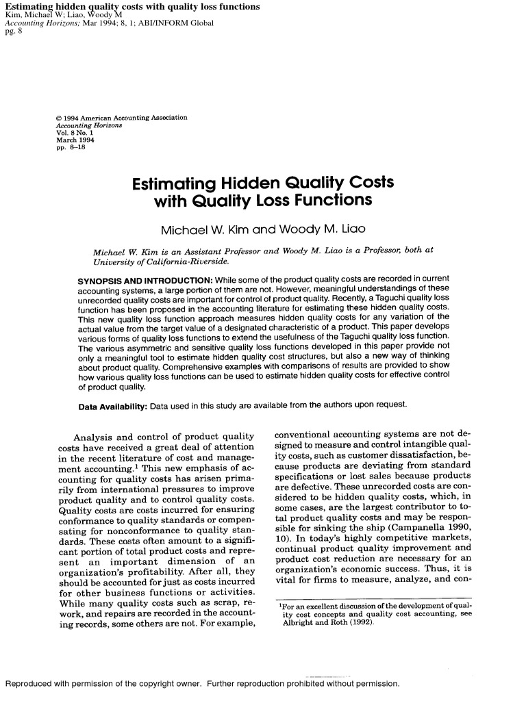 Estimating Quality Loss Costs | PDF