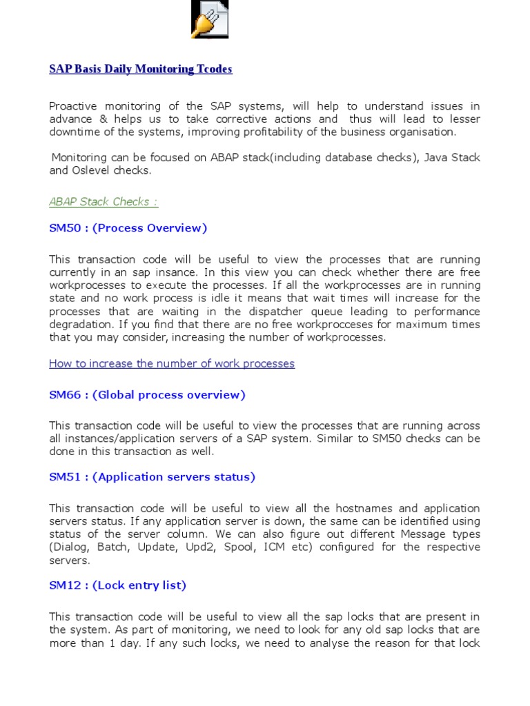 SAP Basis Daily Monitoring Tcodes: ABAP Stack Checks | PDF | Backup | Database Transaction