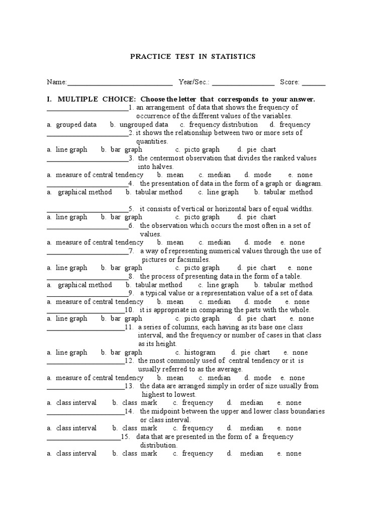 Practice Test in Statistics | PDF | Chart | Mean