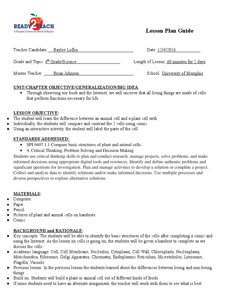 4th Grade Science Cell Lesson Plan | PDF | Cell (Biology) | Critical ...