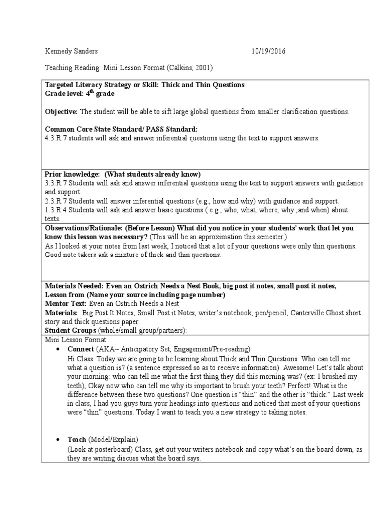 Thick and Thin Questions Lesson | PDF | Reading (Process) | Education ...