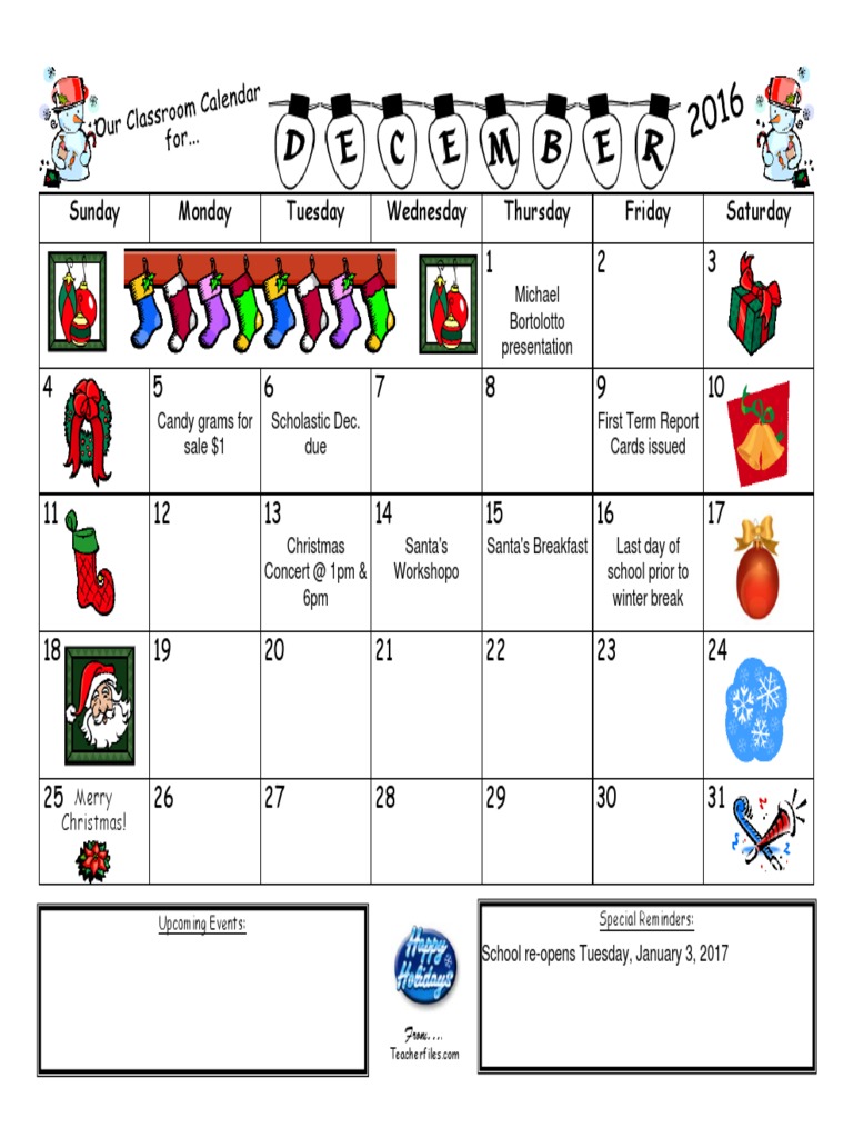 December School Events Calendar | PDF | Cooking, Food & Wine