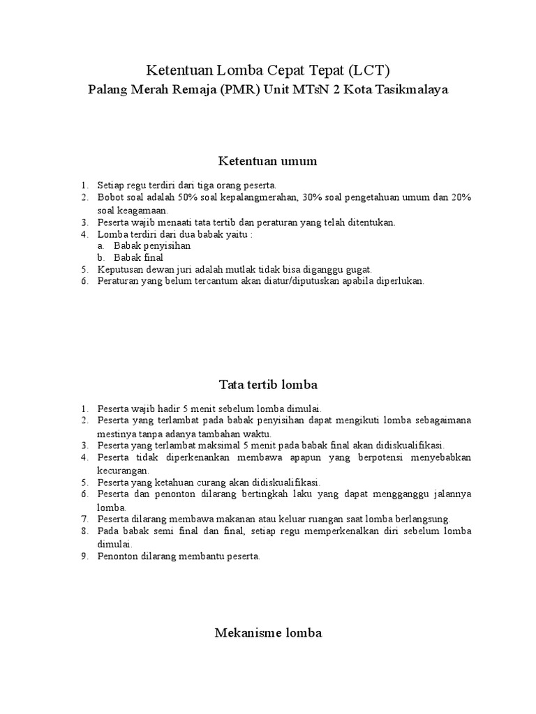 Ketentuan LCT PMR MTsN 2 Tasikmalaya | PDF