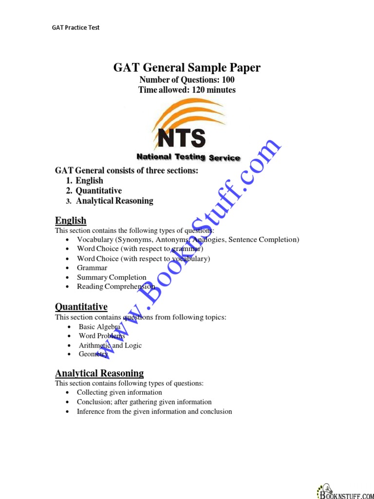 GAT General Sample Paper: Number of Questions: 100 Time Allowed: 120 ...