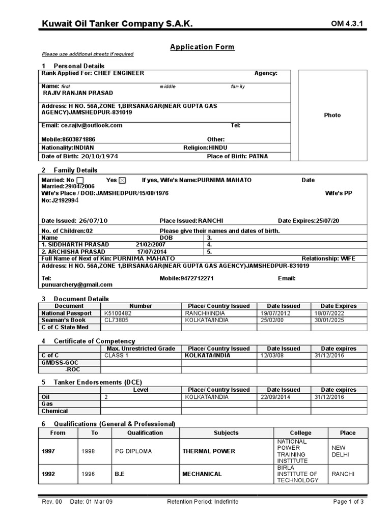 Application Form KOTC | PDF | Oil Tanker | Ships