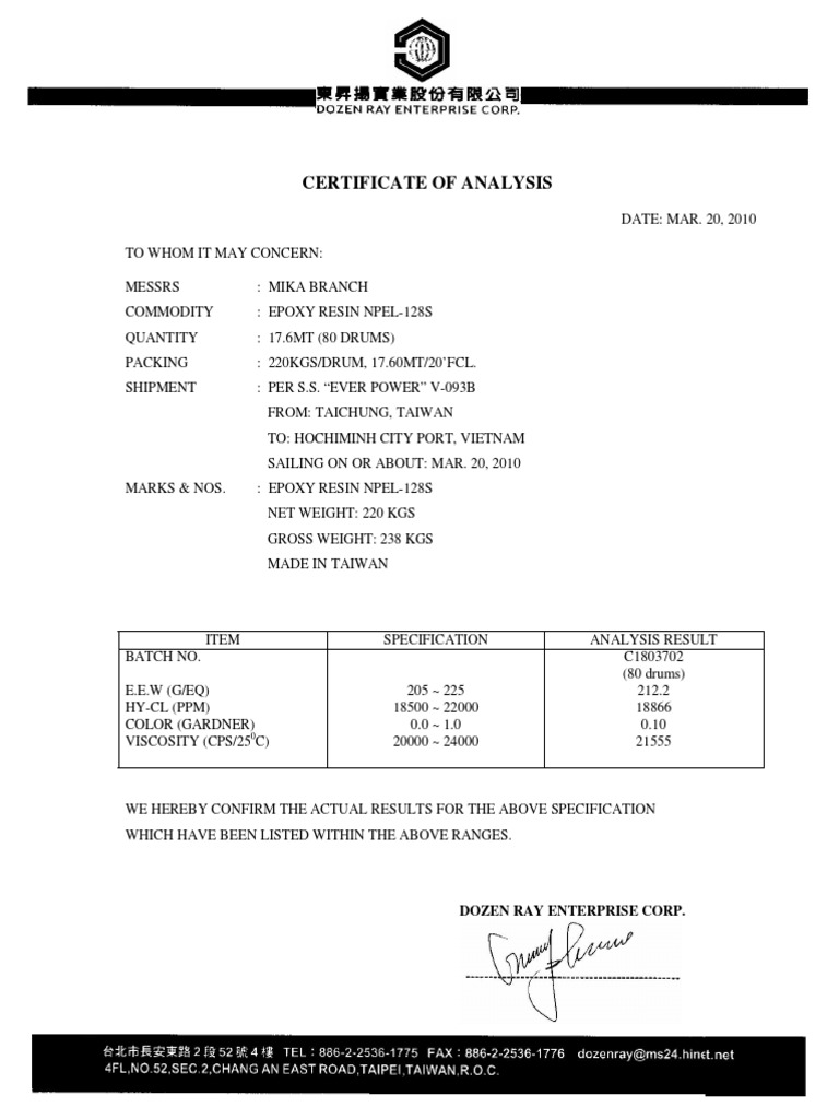 Certificate of Analysis - Epoxy Resin 128s-30!03!2010 | PDF