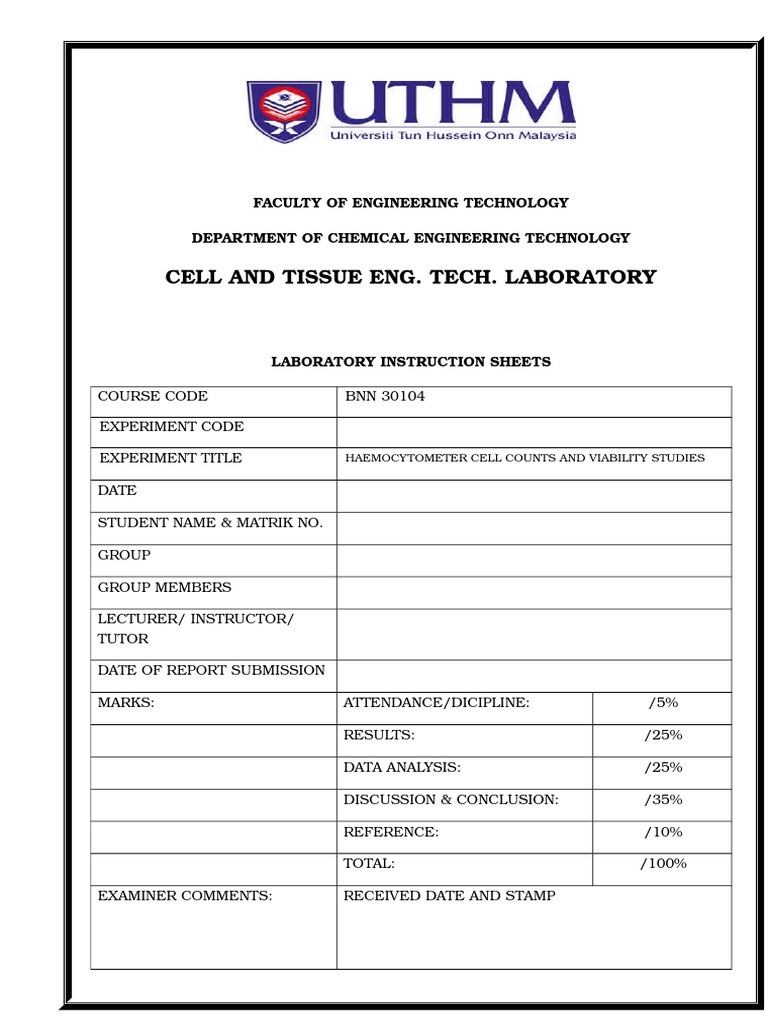 LAB SHEET 7 Haemocytometer Cell Counts and Viability Studies | PDF ...