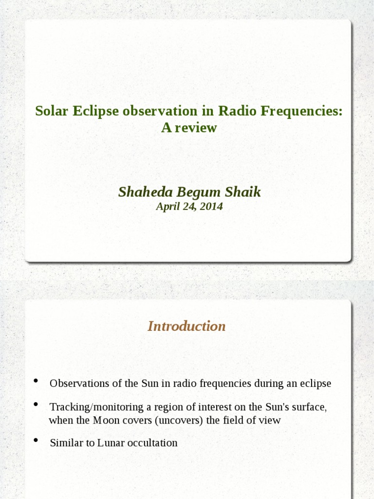 Solar Eclipse Observation in Radio Frequencies: A Review: Shaheda Begum ...