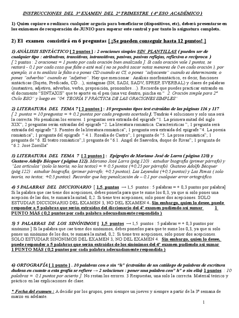 01) Instrucciones Del 3º Examen, 2º Trim | PDF | Oración (Lingüística ...