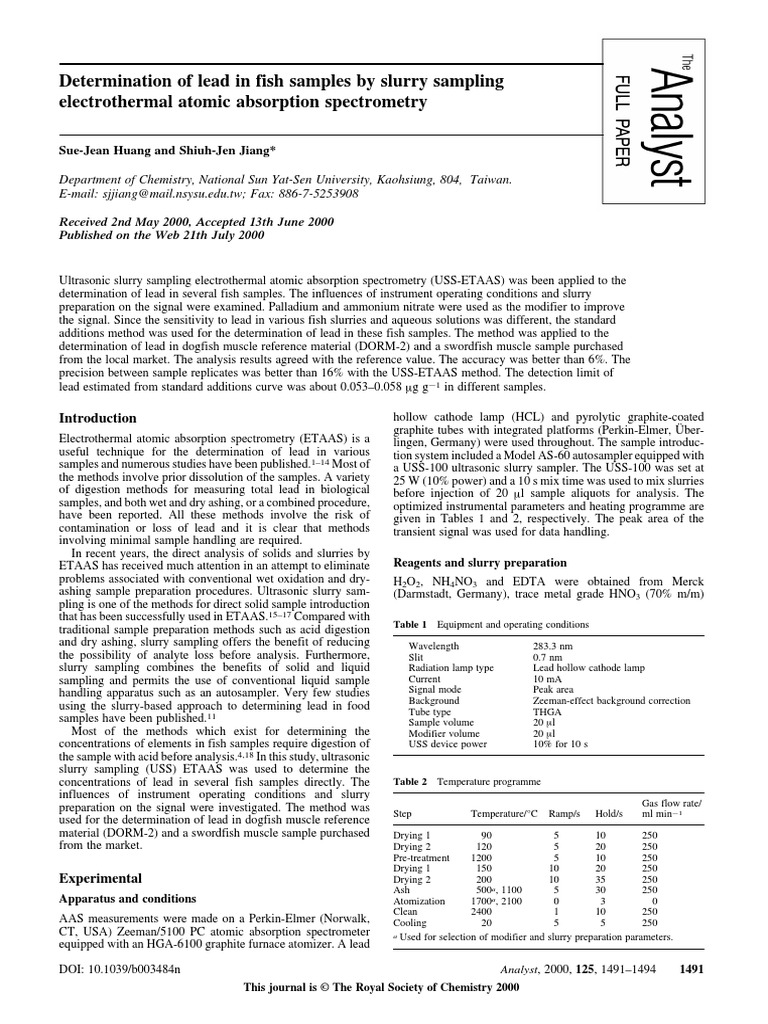 Determination of Lead in Fish Samples by Slurry Sampling Electrothermal ...