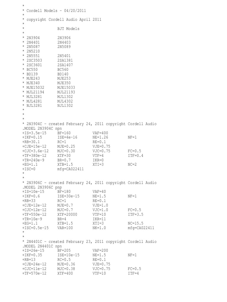 Cordell Models | PDF | Bipolar Junction Transistor | Electrical Equipment