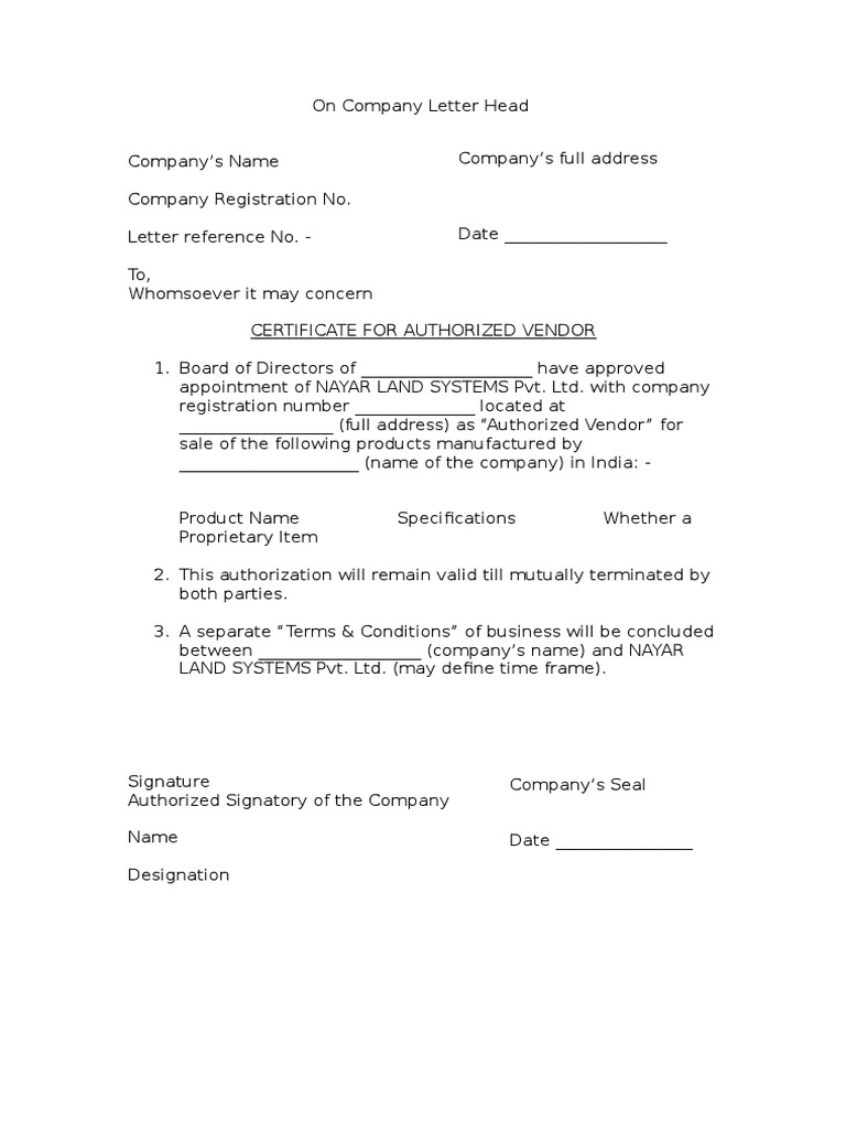 Authorized Vendor Letter | PDF