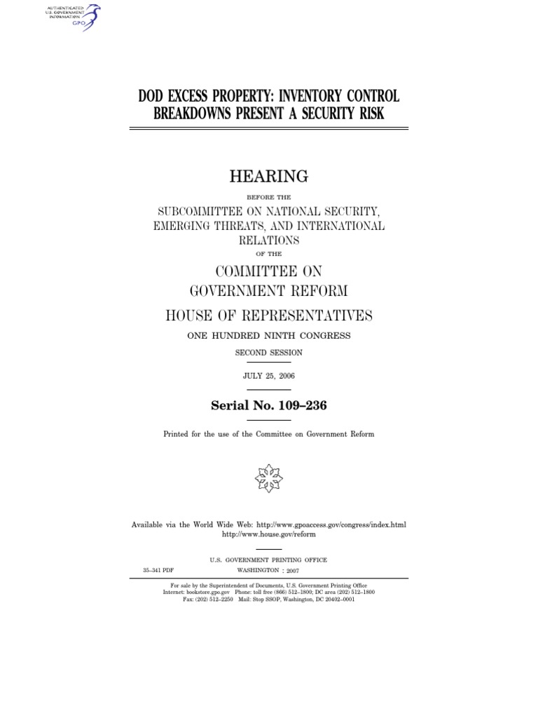 House Hearing, 109TH Congress - Dod Excess Property: Inventory Control ...