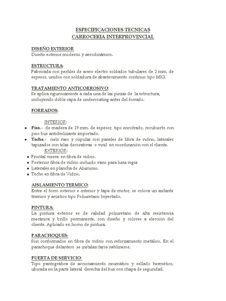 Especificaciones técnicas detalladas para el diseño y construcción de un autobús interprovincial ...
