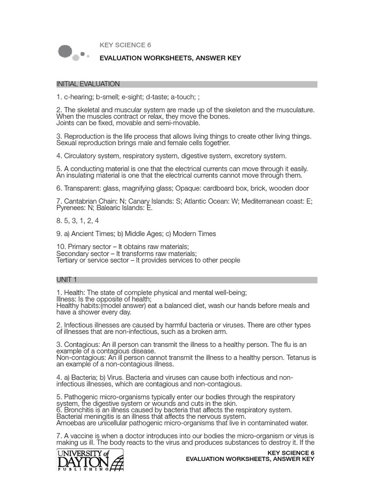 Key Science 6. Evaluation Worksheets. Answer Keys | PDF | Reproductive ...