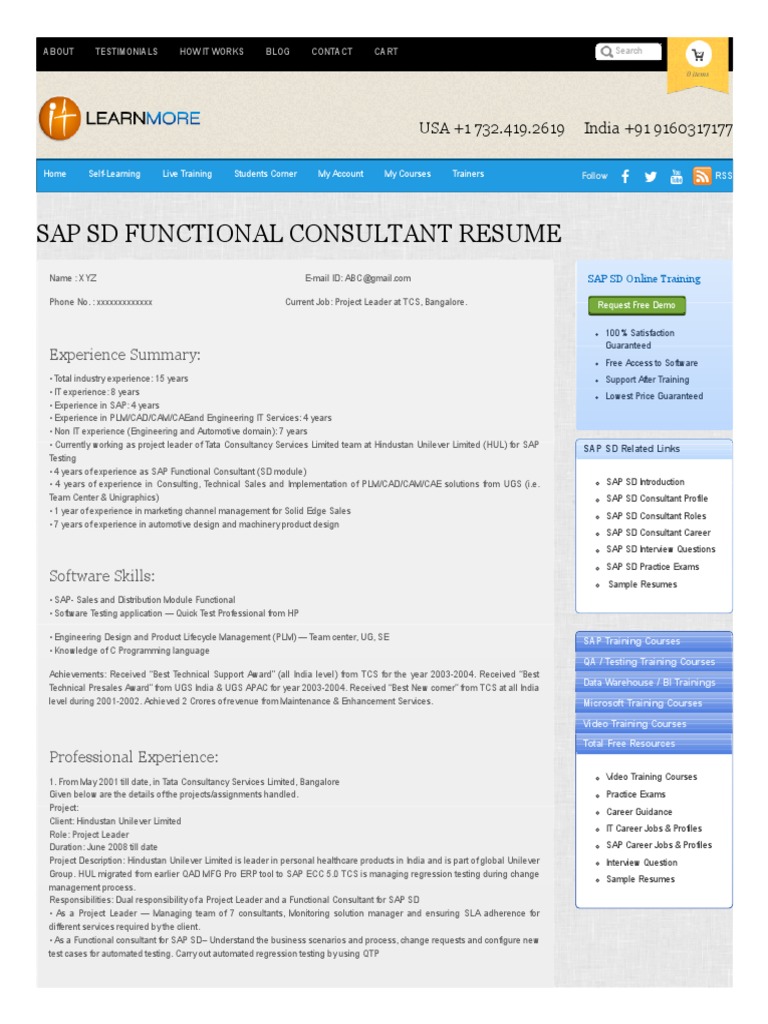 SAP SD Functional Consultant Resume Sample - SAP, Oracle, Salesforce ...