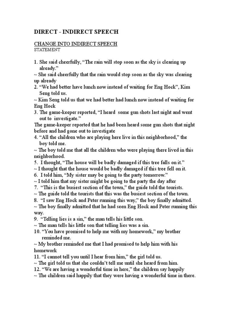 Indirect Speech Exercise | PDF | Language Arts & Discipline